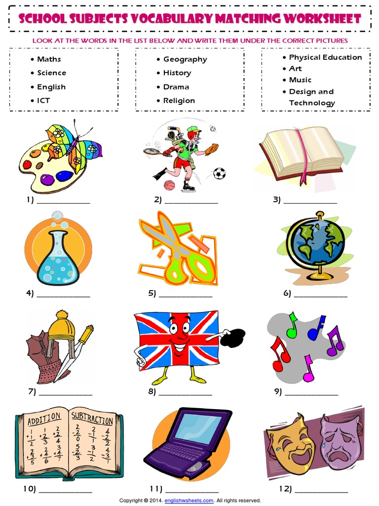 School Subject Esl Vocabulary Matching Exercise Worksheet PDF | PDF