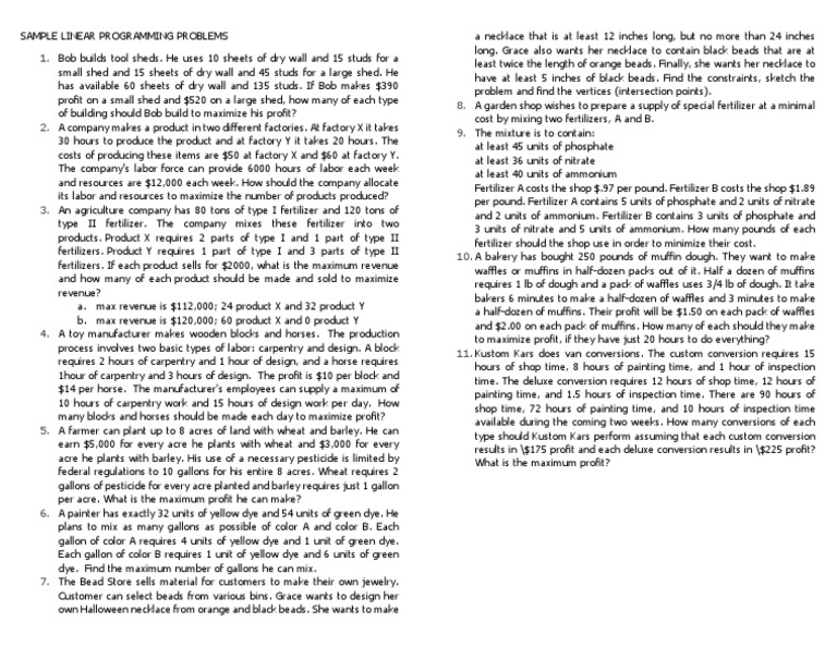 Sample Linear Programming Problems | PDF | Fertilizer | Linear Programming Sample Linear Programming Problems | PDF | Fertilizer | Linear Programming