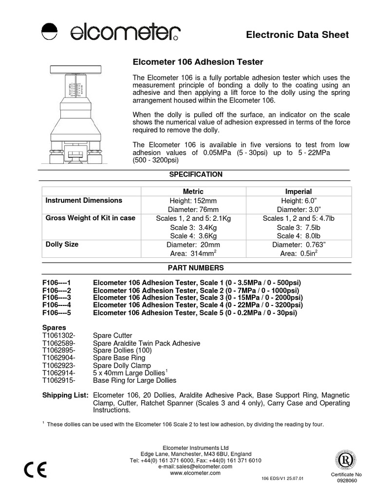 ELCOMETER 106 Adhesion Tester Manual | PDF | Adhesion | Materials