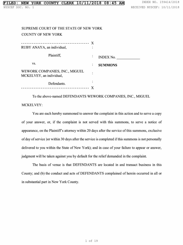 Ruby Anaya Lawsuit Against WeWork | PDF | Lawsuit | Complaint
