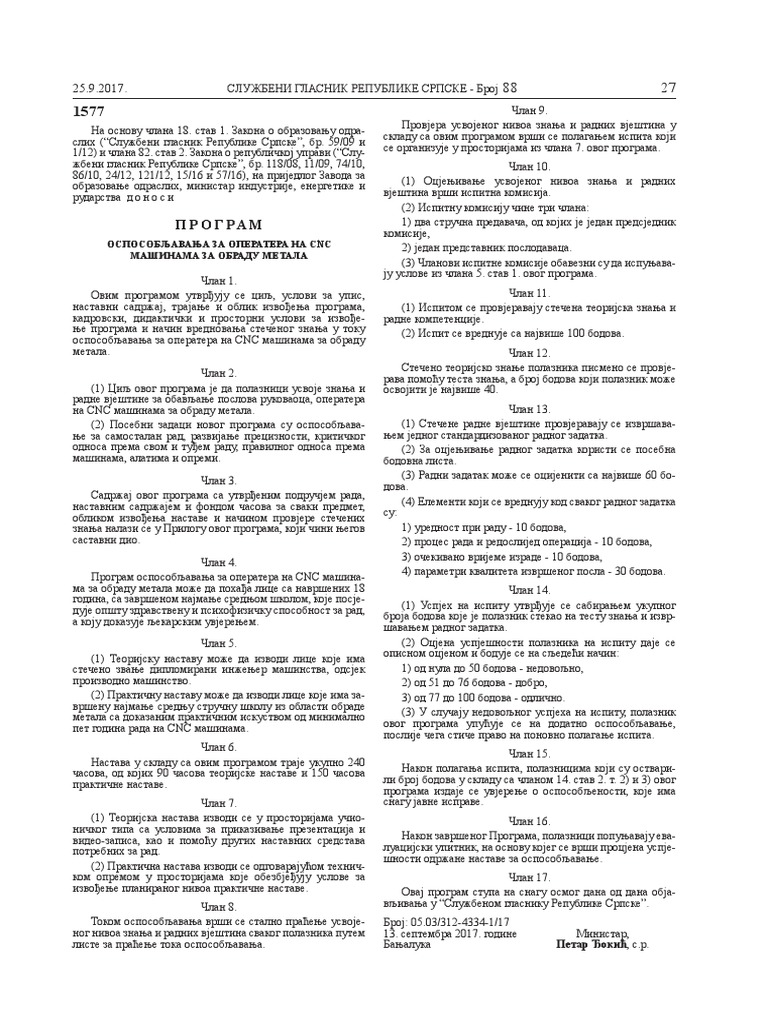 Program Osposobljavanja Za Operatera Na CNC Masinama Za Obradu Metala | PDF