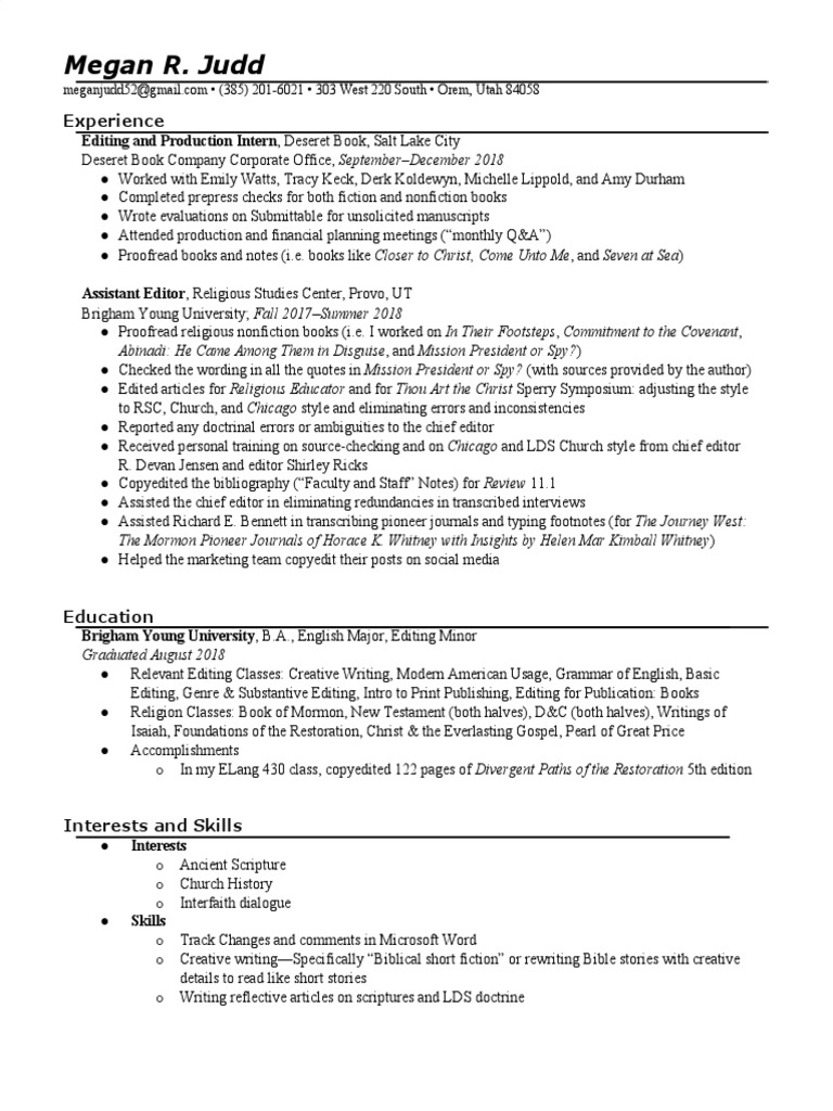 Megan Judd Resume | PDF | Editing | The Church Of Jesus Christ Of ... Megan Judd Resume | PDF | Editing | The Church Of Jesus Christ Of ...