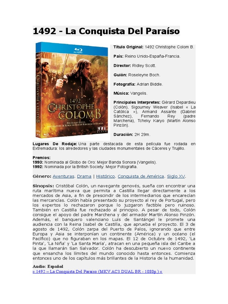 1492 La Conquista Del Paraiso MKV | PDF | Cristobal colon | Ocio