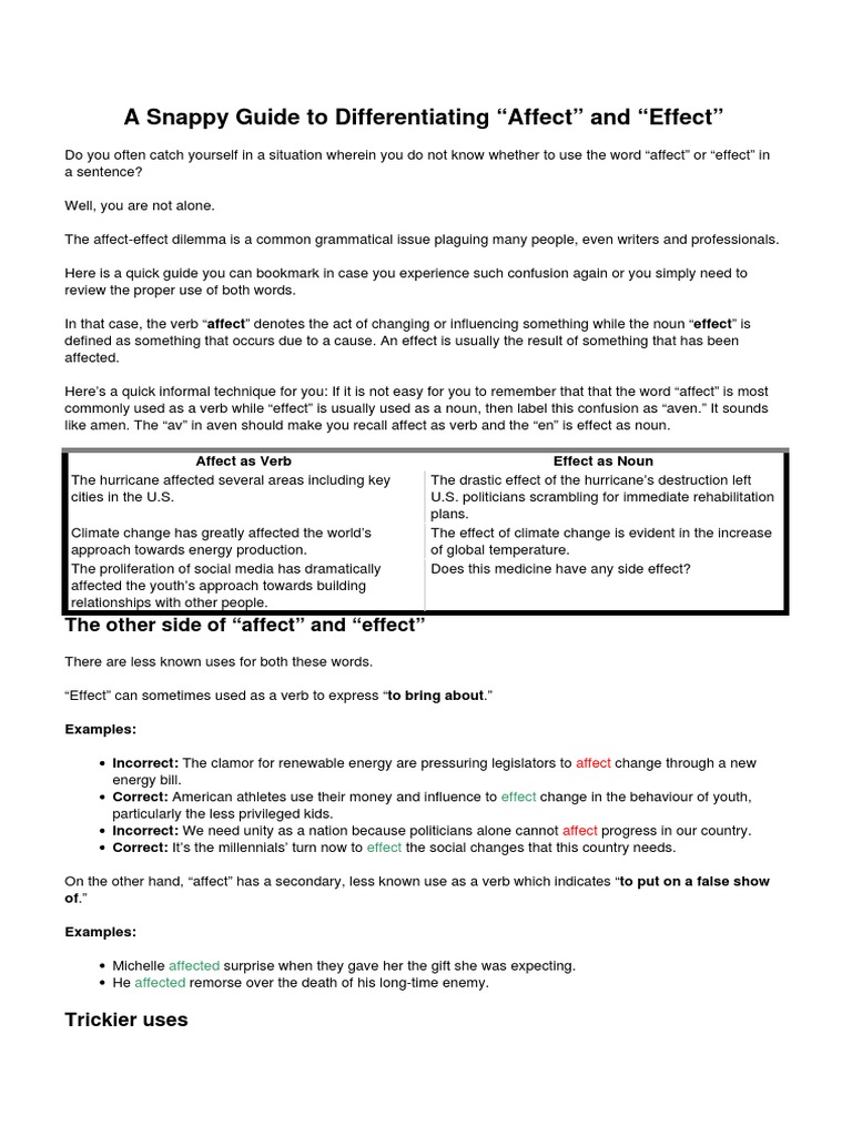 A Snappy Guide To Differentiating Affect and Effect PDF | PDF | Verb | Noun