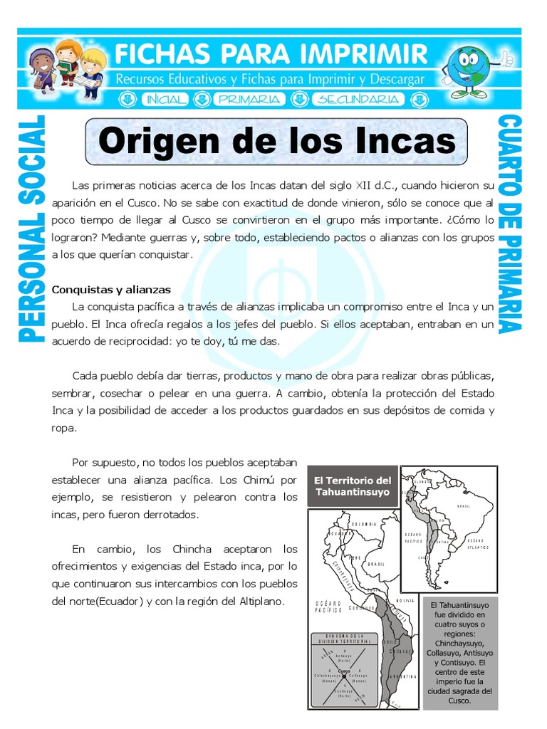 Ficha Origen de Los Incas Para Cuarto de Primaria (1) | Imperio Inca | Andes