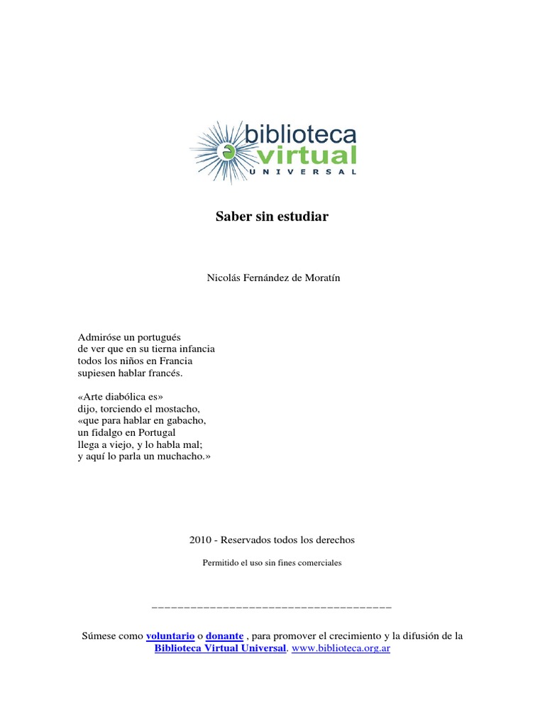 Saber Sin Estudiar - Nicolas Fernandez de Moratin | PDF