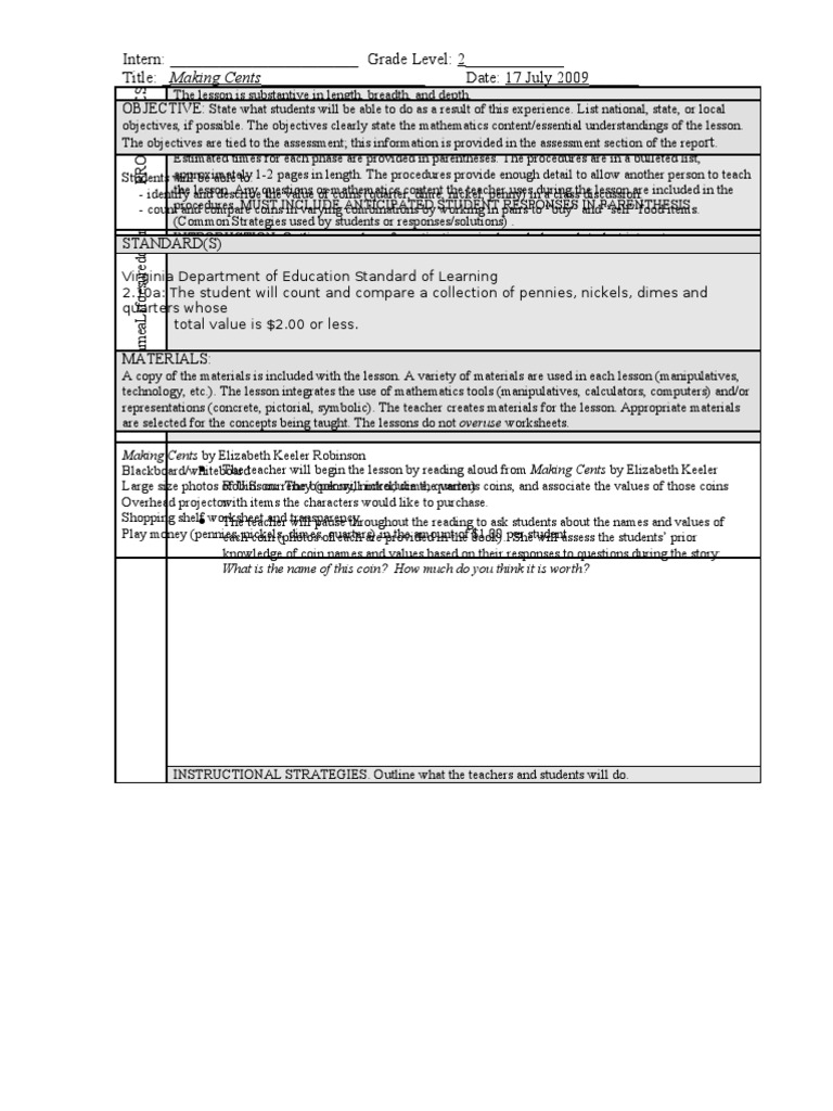 Making Cents Lesson Plan Grade 2 | PDF | Coins | Educational Assessment
