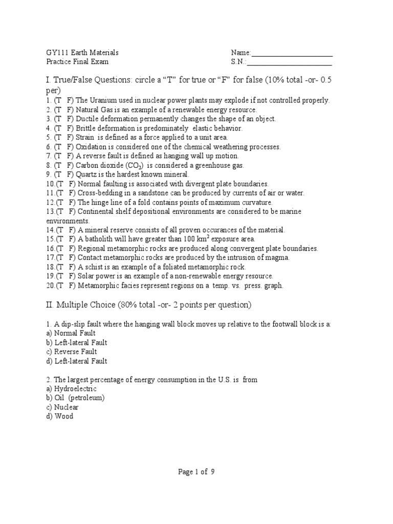 Sample Final Exam | PDF | Fault (Geology) | Rock (Geology)
