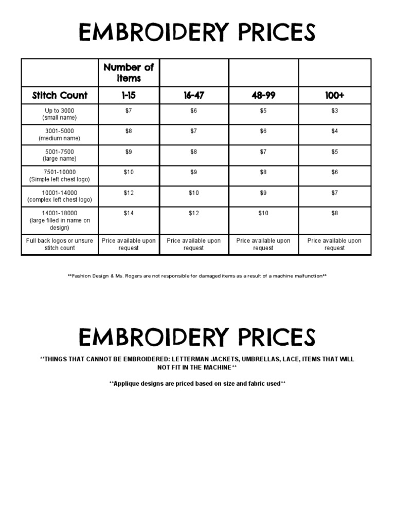 Embroidery Prices | PDF