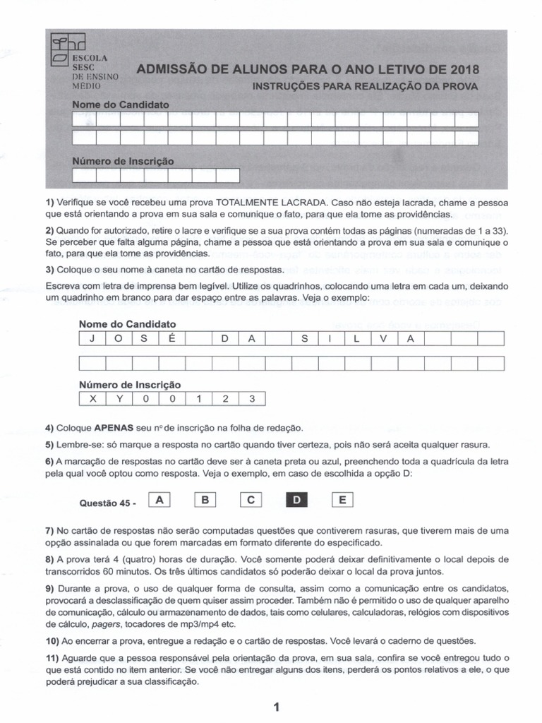 Prova da Escola Sesc de Ensino Médio (ESEM) 2018 | Escolas | Ensinando ...