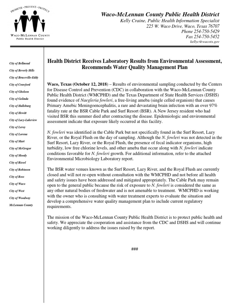 Health District Amoeba Report - 10-12-18 | PDF | Water | Medical ...