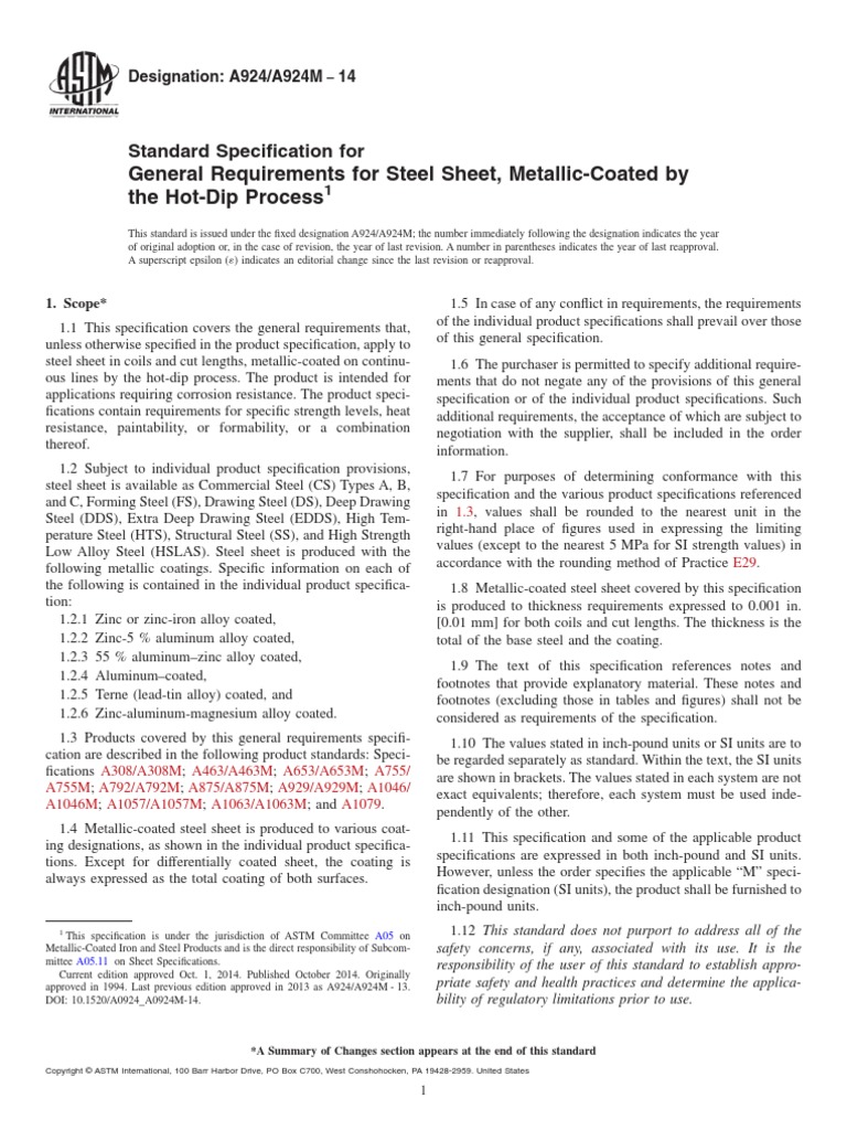 ASTM A924-A924M-14 Standard Specification For General Requirements For Steel Sheet, Metallic ...