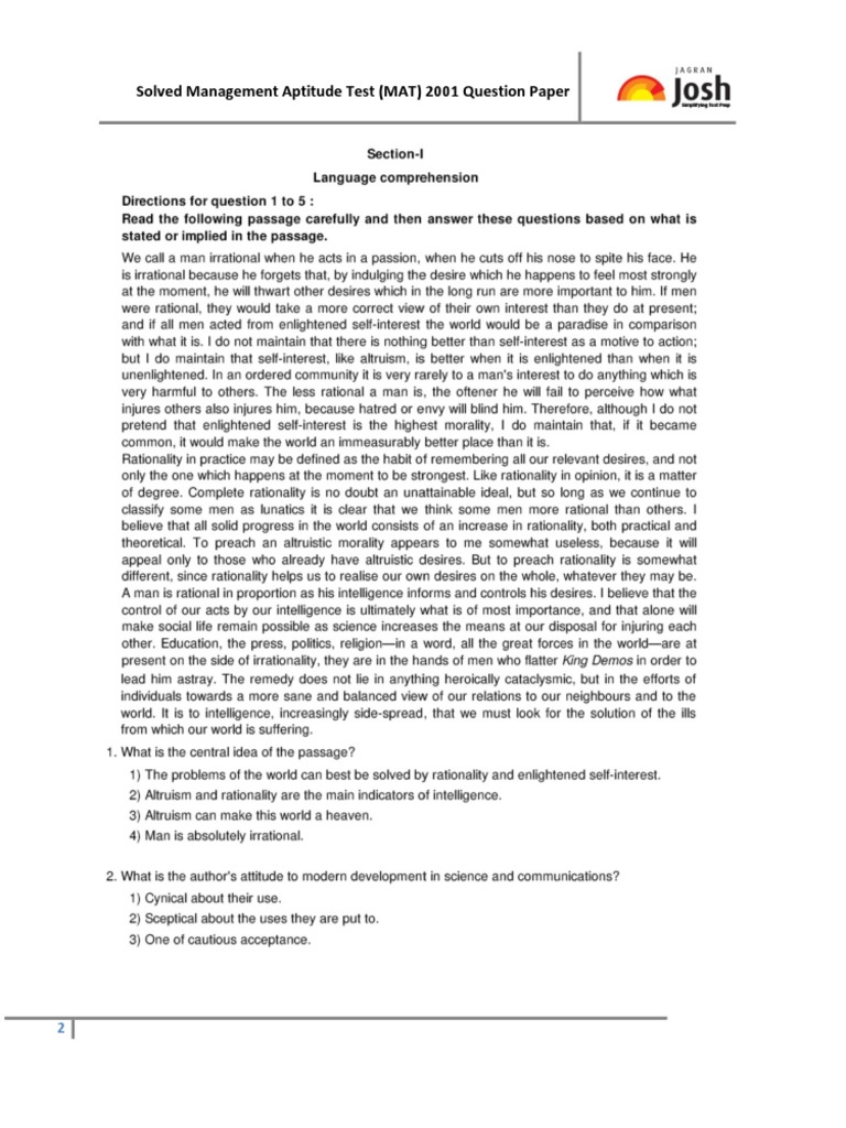 AMU MBA Entrance Exam Sample Papers PDF | PDF