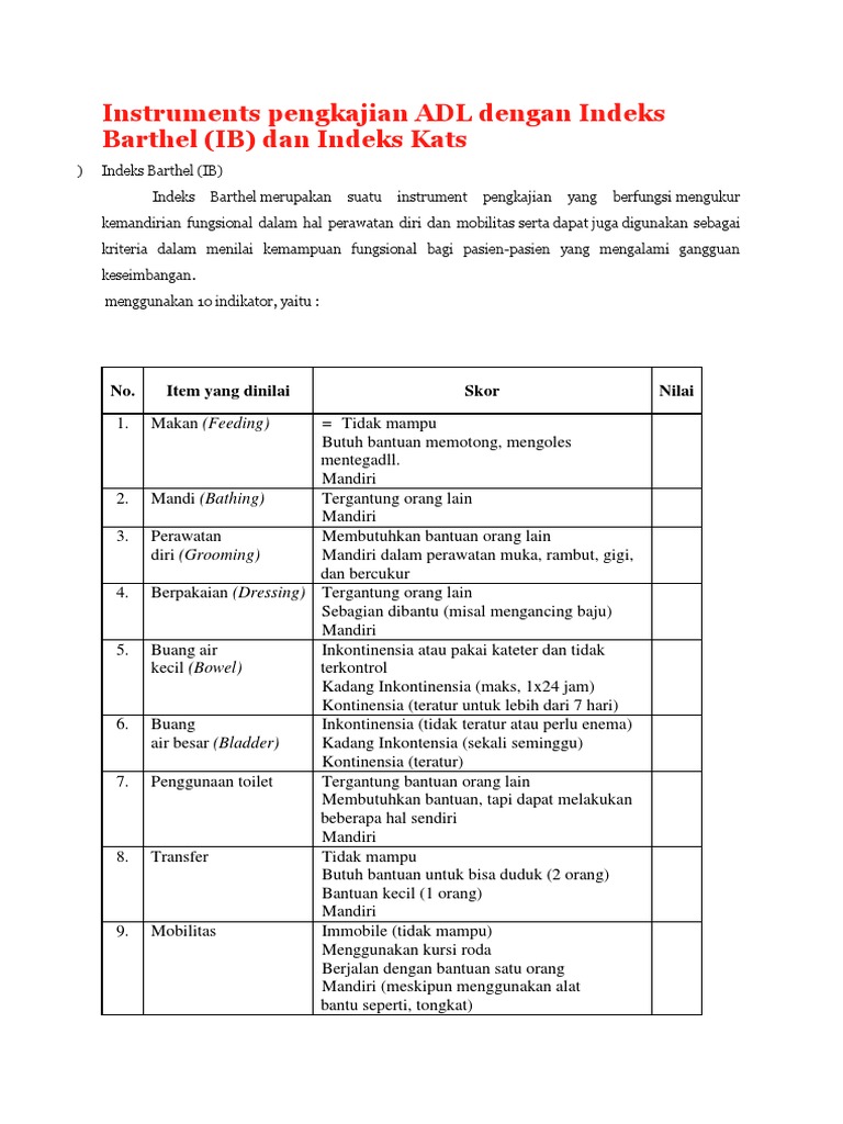 Barthel Indeks | PDF