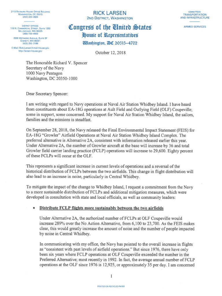 2018-10-12 Rep. Larsen Letter To SecNav Re NASWI EA-18G EIS | PDF ...