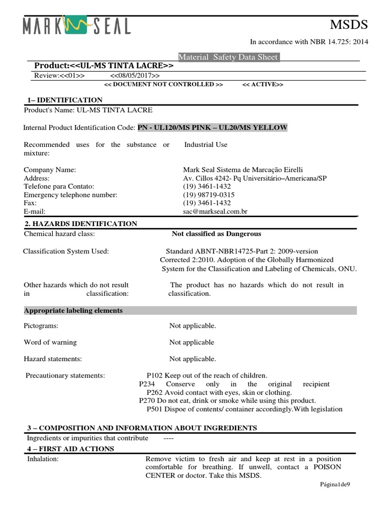 Msds Ul - Ms Tinta Lacre C | PDF | Toxicity | Personal Protective Equipment