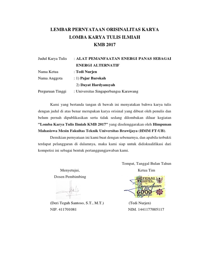 Contoh Surat Orisinalitas Karya