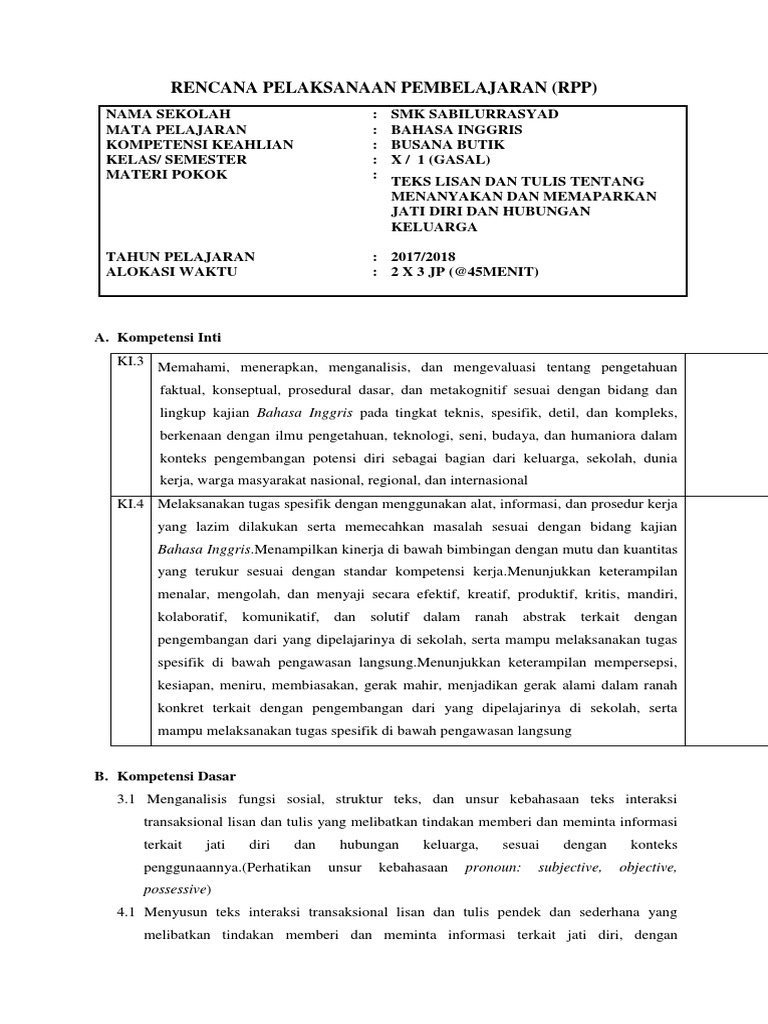 RPP Bahasa Inggris SMK Kelas X KD 3.1 | PDF