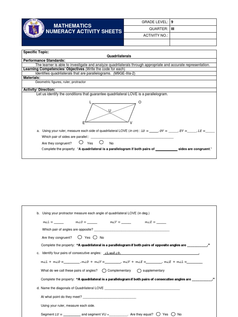 Numeracy Activity Sheets Math 2 | PDF | Triangle | Euclid