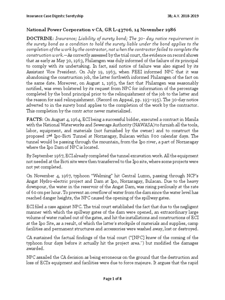 Insurance Suretyship Case-Digest | PDF | Surety Bond | Guarantee