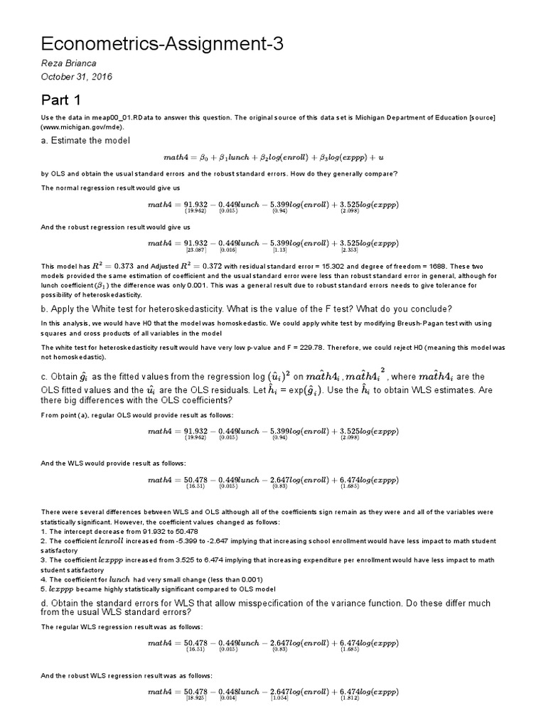 Econometrics Assignment 3 | PDF | Errors And Residuals | Ordinary Least Squares