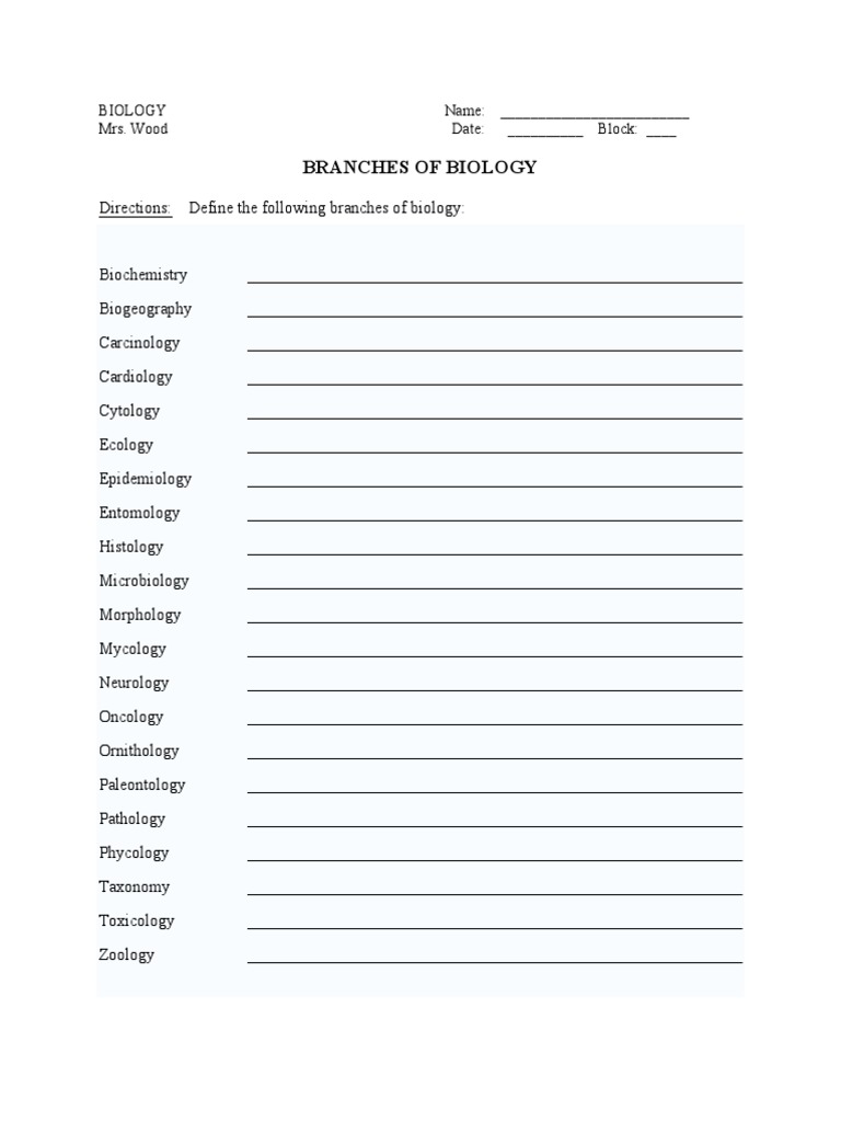 Branches of Biology Worksheet | PDF | Zoology | Biology