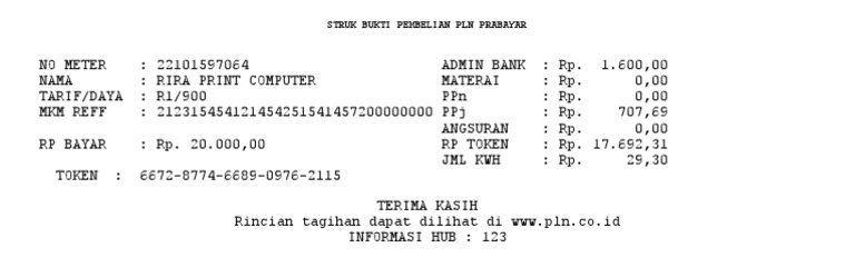 Struk Bukti Pembelian PLN Prabayar | PDF