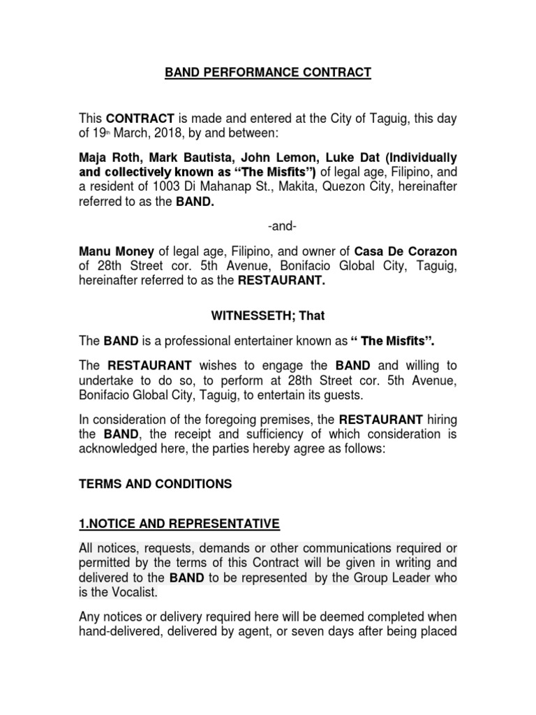 Band Performance Contract | Download Free PDF | Indemnity | Arbitration