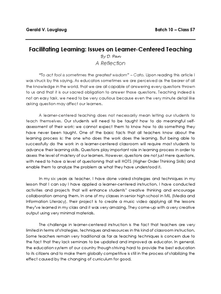 Reflection On Learner-Centered Instruction | PDF | Teachers | Learning