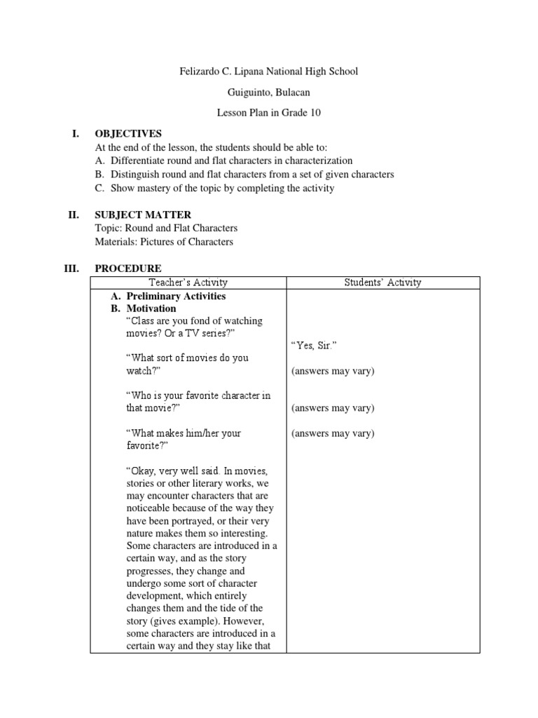 Round and Flat Characters Lesson Plan | PDF | Lesson Plan | Cognition