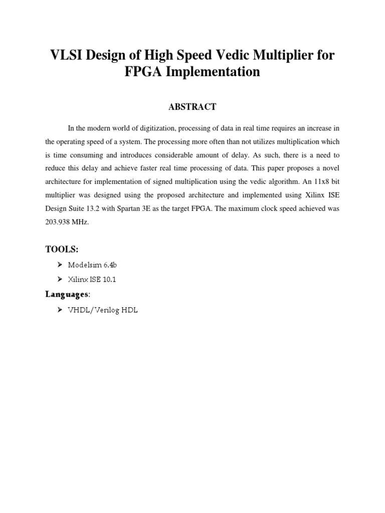 VLSI Design of High Speed Vedic Multiplier For FPGA Implementation | PDF