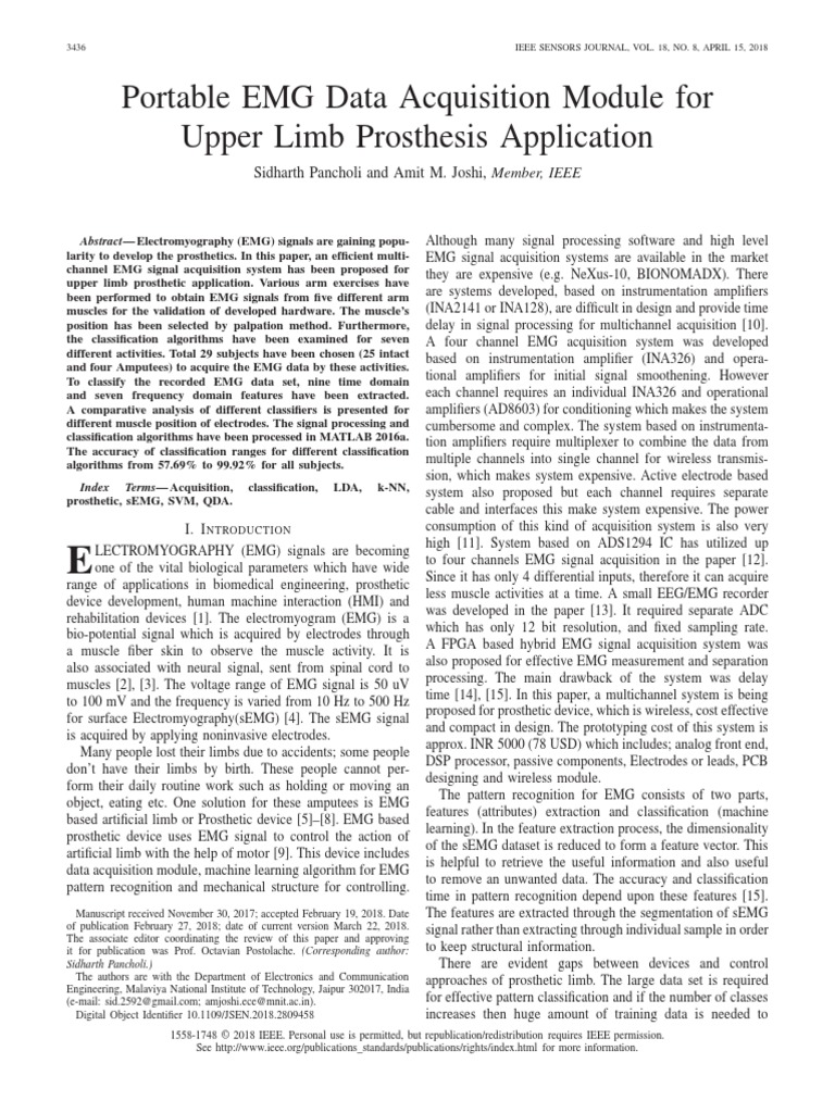 Portable EMG Data Acquisition Module For Upper Limb Prosthesis Application | PDF ...
