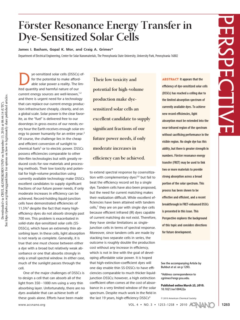 Fo Rster Resonance Energy Transfer in Dye-Sensitized Solar Cells | PDF | Fluorescence | Emission ...