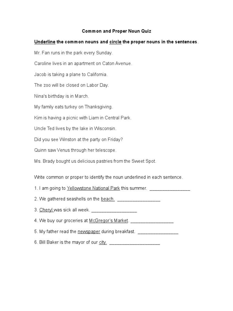 Common and Proper Noun Quiz | PDF | Science & Mathematics
