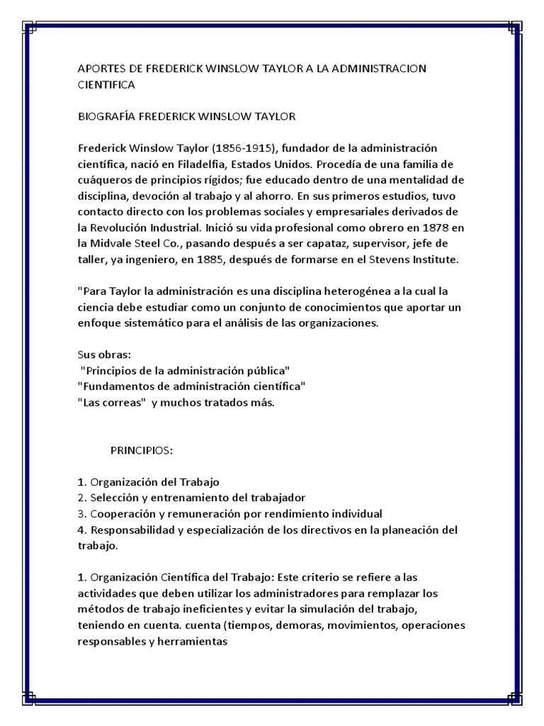 Aportes de Frederick Winslow Taylor A La Administracion Cientifica ...