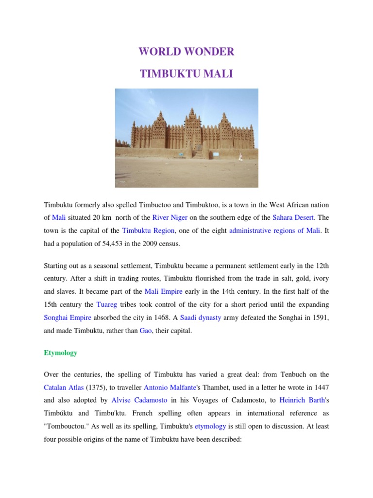 World Wonder Timbuktu Mali: Mali River Niger Sahara Desert Timbuktu ...