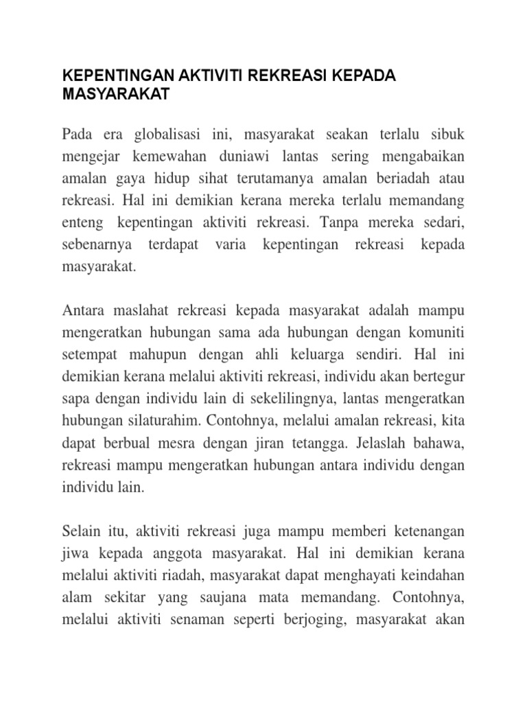 Kepentingan Aktiviti Rekreasi Kepada Masyarakat | PDF