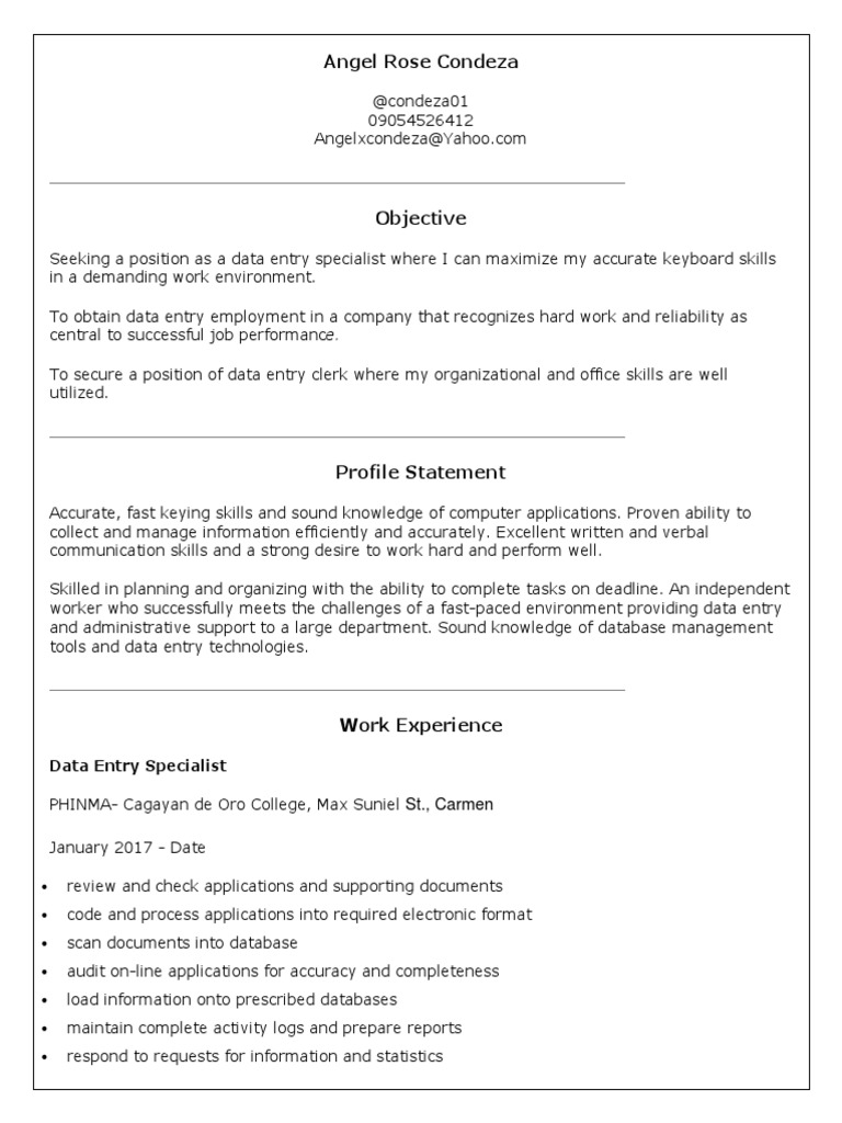 Angel Rose Condeza: Data Entry Specialist | PDF | Competence (Human ...