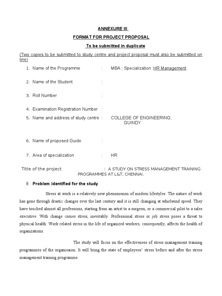 Annexure Iii Format For Project Proposal To Be Submitted in Duplicate ...