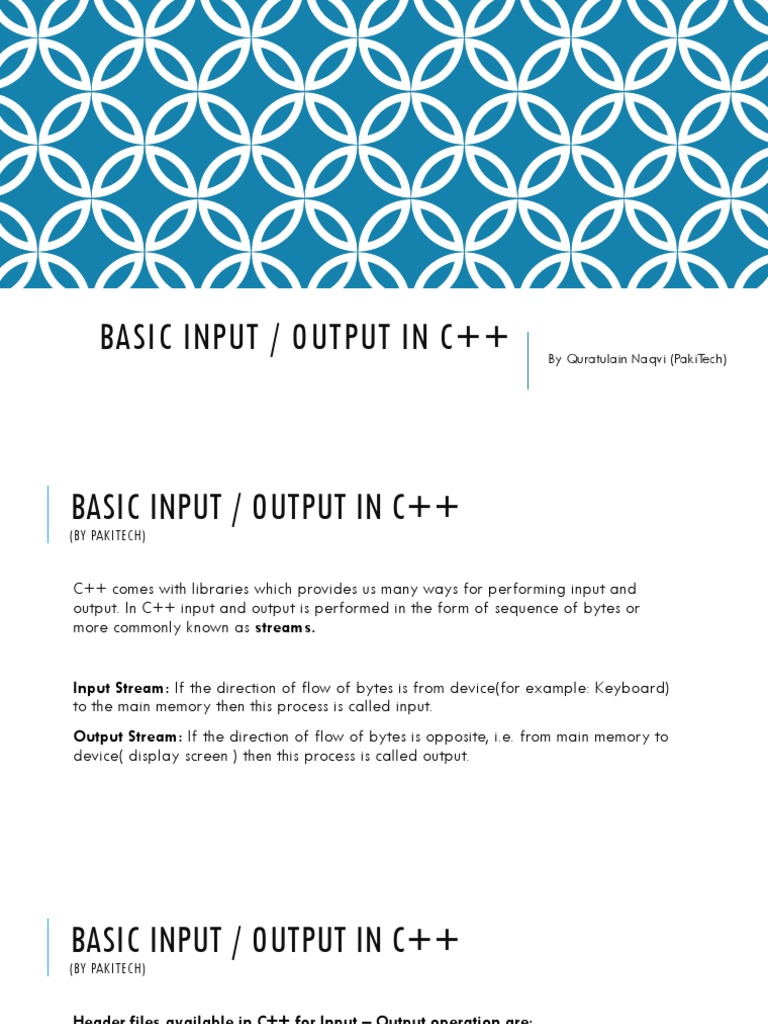 Basic Input / Output in C++: by Quratulain Naqvi (Pakitech) | PDF ...