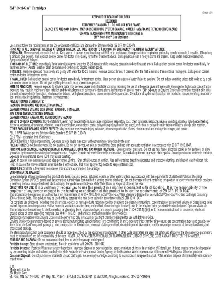 3M Steri-Gas Cartidges, Warning Notice | PDF | Sterilization ...