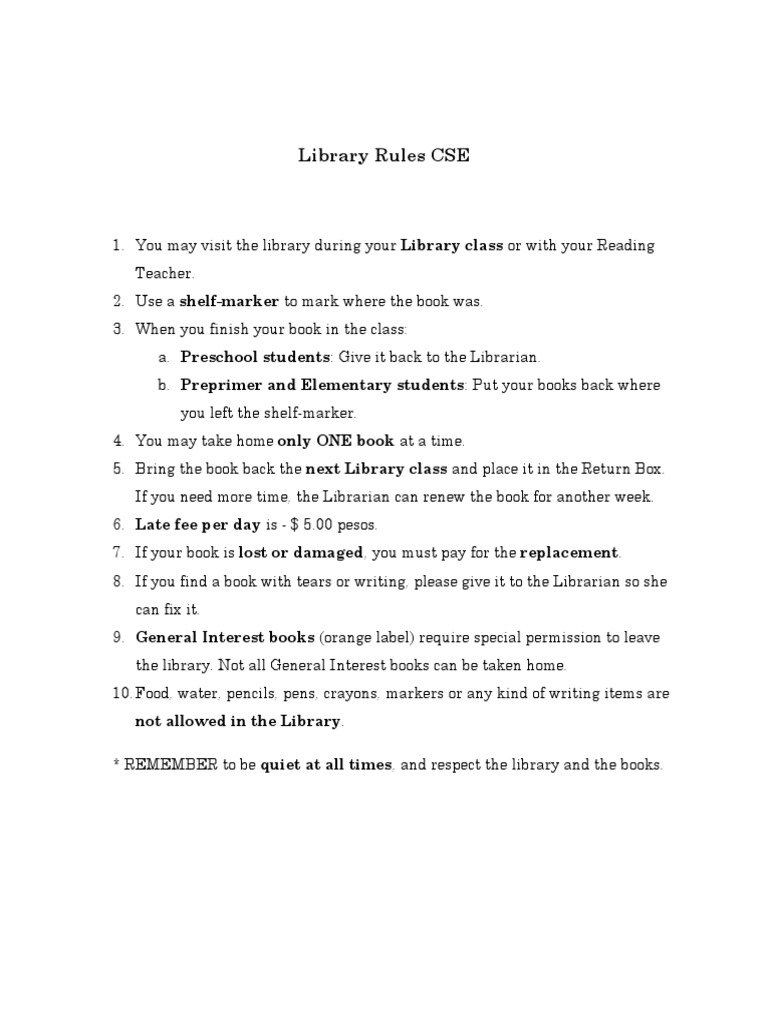 Library Rules CSE: Not Allowed in The Library | PDF
