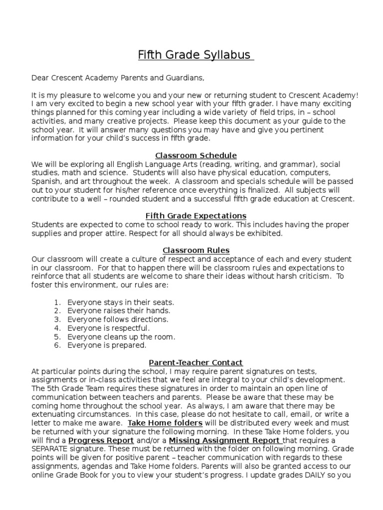 Syllabus 2018-2019 Fifth Grade | PDF | Homework | Schools