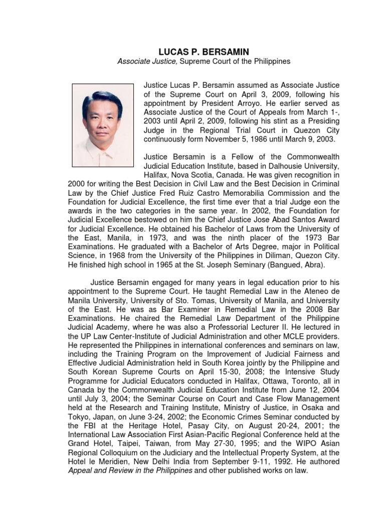 13-e Profile - Justice Lucas P. Bersamin.pdf | Judge | Judiciaries
