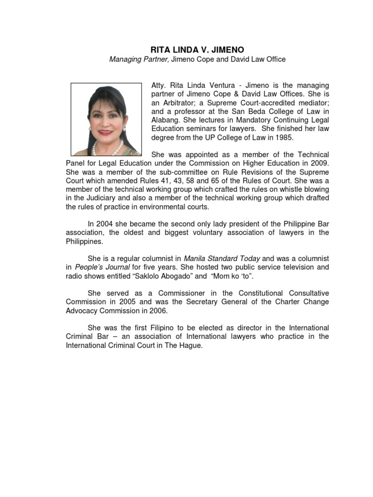 12-G.profile - Atty. Rita Linda Jimeno PDF | PDF