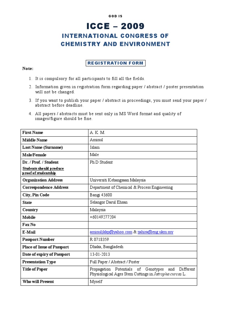 ICCE 2009 Registration Form | PDF