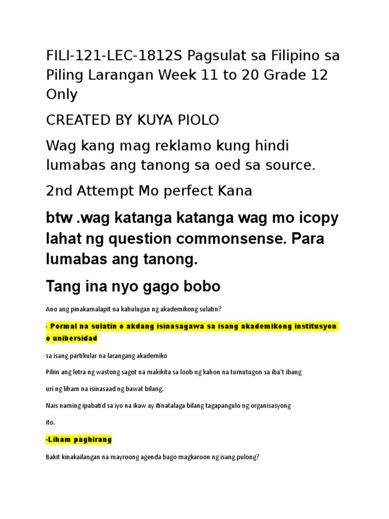 FILI-121-LEC-1812S Pagsulat Sa Filipino Sa Piling Larangan Week 11 To ...