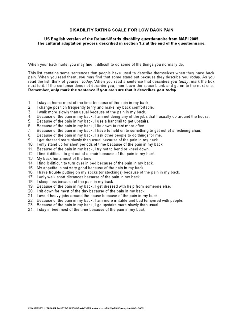 Roland-Morris Low Back Pain and Disability Questionnaire (RMQ): A ...