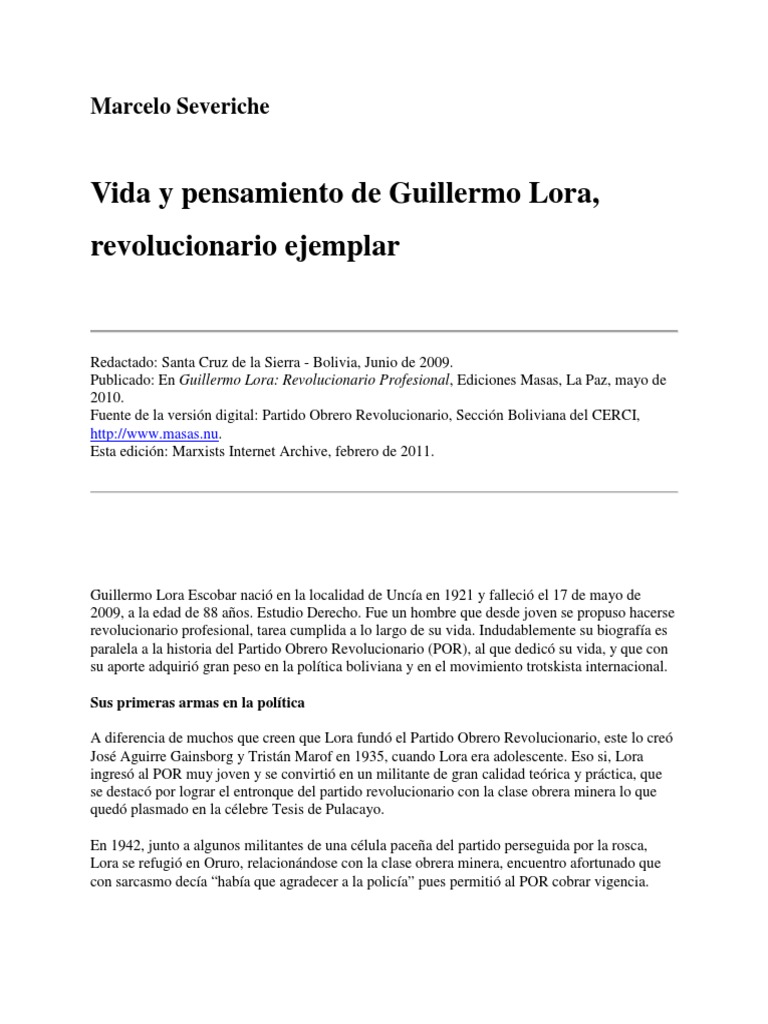 Guillermo Lora Biografia - Marcelo Severiche | PDF | Bolivia | Teorías ...