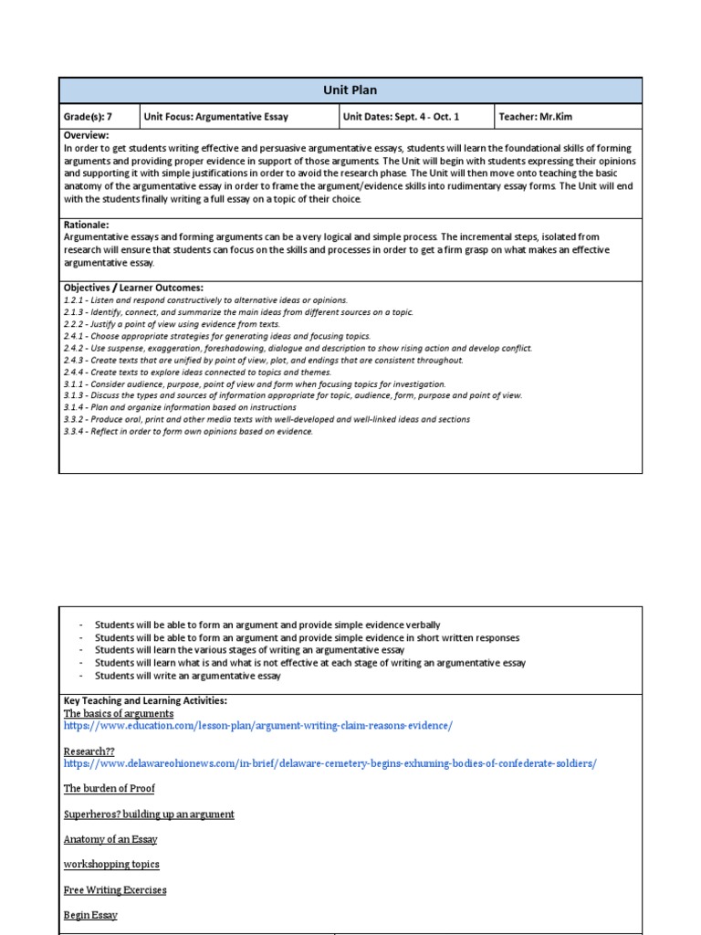 ps3 Ela Unit 1 Plan | PDF | Essays | Learning